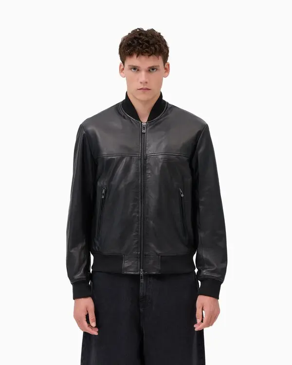 Armani Exchange Regular Fit Leather Blouson Jacket With Rib Details
