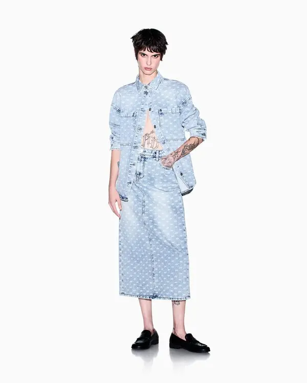 Armani Exchange Regular Fit Shirt In Rigid Denim With Allover Print
