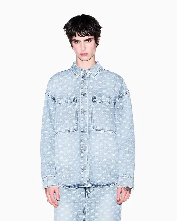 Armani Exchange Regular Fit Shirt In Rigid Denim With Allover Print