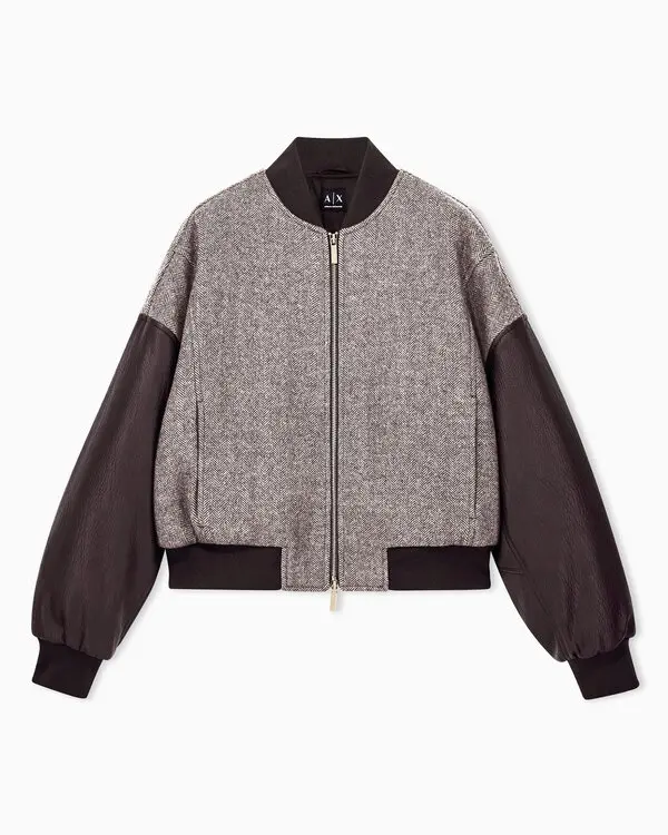Armani Exchange Blouson Jacket Fit Recycled Herringbone Wool Coated Trim
