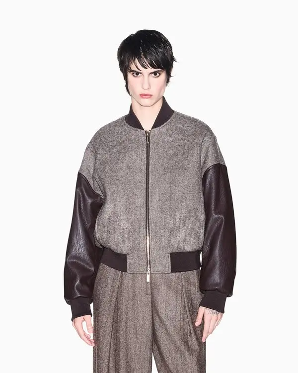Armani Exchange Blouson Jacket Fit Recycled Herringbone Wool Coated Trim