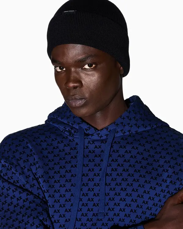 Armani Exchange Beanie Hat In Virgin Wool And Cotton Blend - Black