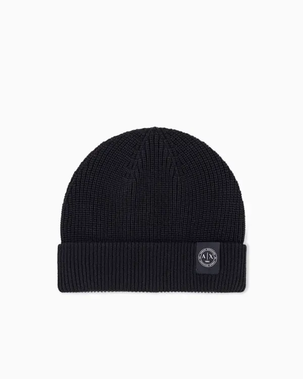 Armani Exchange Knitted Beanie Hat In Virgin Wool And Cotton Blend - Black