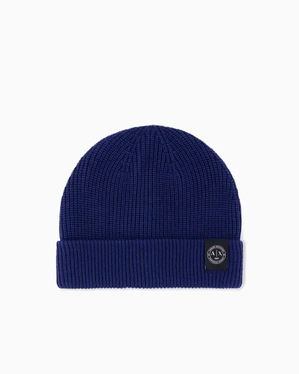 Armani Exchange Knitted Beanie Hat In Virgin Wool And Cotton Blend - Blue