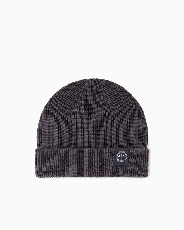 Armani Exchange Knitted Beanie Hat In Virgin Wool And Cotton Blend - Brown