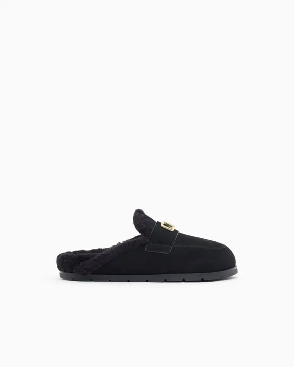 Armani Exchange Suede Clogs With Teddy Details - Black