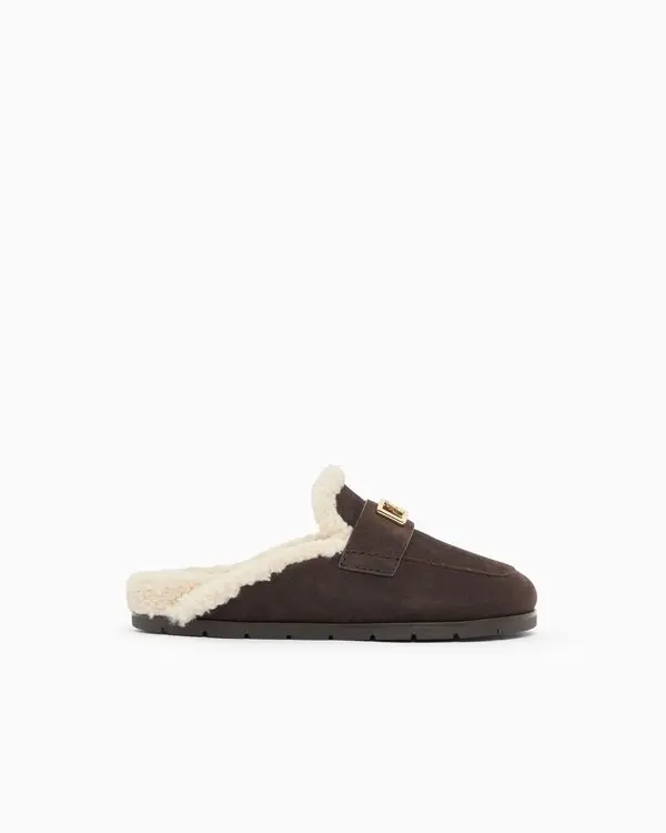 Armani Exchange Suede Clogs With Teddy Details - Brown