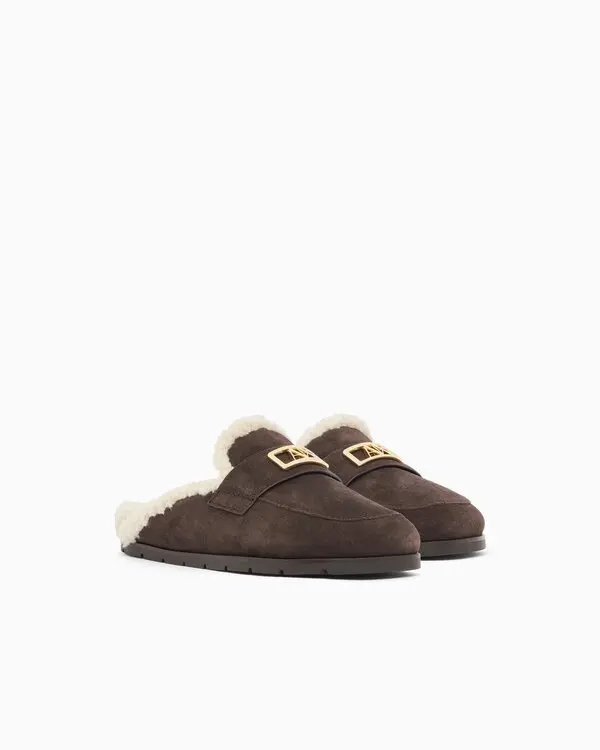 Armani Exchange Suede Clogs With Teddy Details - Brown