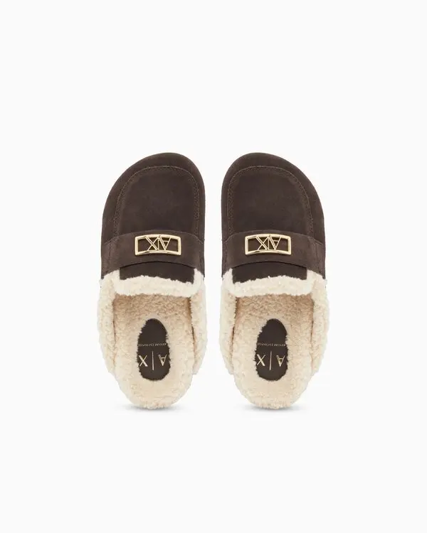 Armani Exchange Suede Clogs With Teddy Details - Brown
