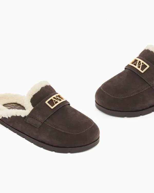 Armani Exchange Suede Clogs With Teddy Details - Brown