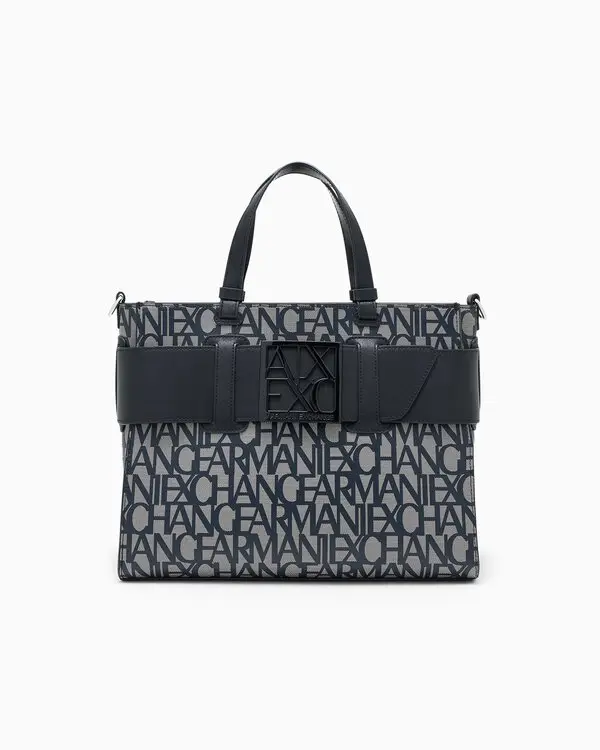 Armani Exchange Shopping Bag In Coated Cotton With Monogram - Black