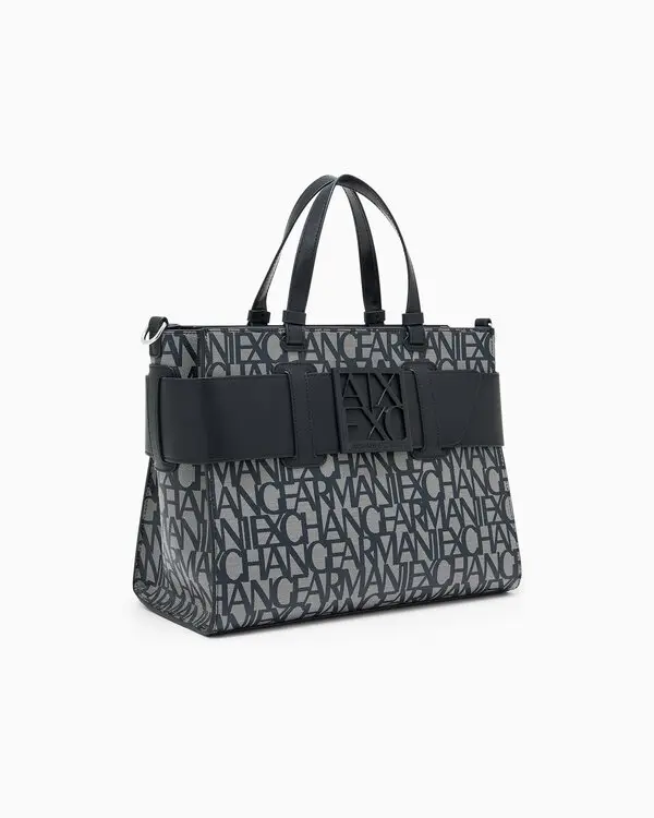 Armani Exchange Shopping Bag In Coated Cotton With Monogram - Black