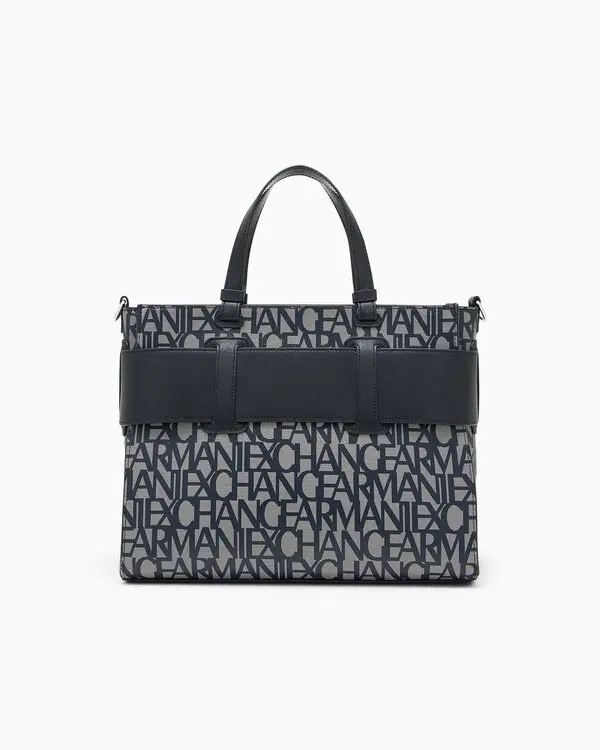 Armani Exchange Shopping Bag In Coated Cotton With Monogram - Black