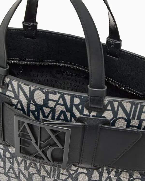 Armani Exchange Shopping Bag In Coated Cotton With Monogram - Black