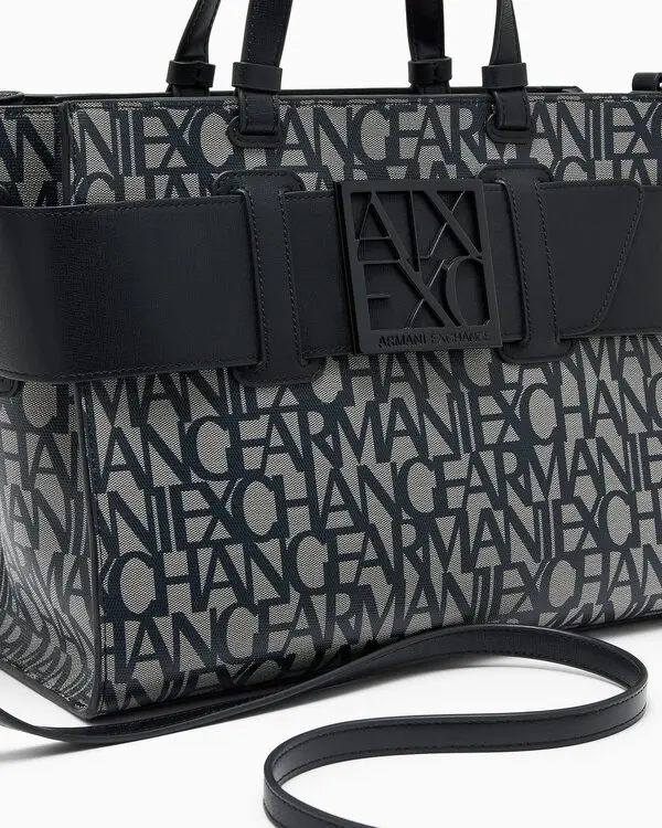 Armani Exchange Shopping Bag In Coated Cotton With Monogram - Black