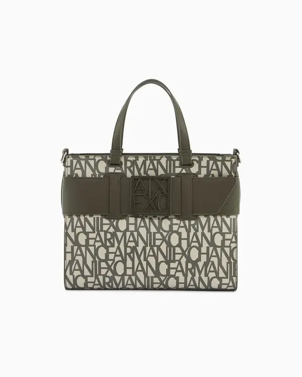 Armani Exchange Shopping Bag In Coated Cotton With Monogram - Green
