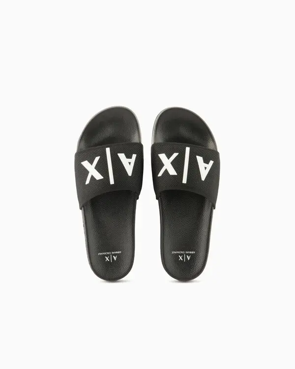 Armani Exchange Slide Sandals With A Wide Strap And Textured Rubber Sole - Black