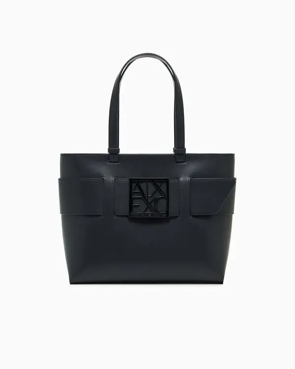 Armani Exchange Structured Tote Bag With Front Logo And Double Handles - Black