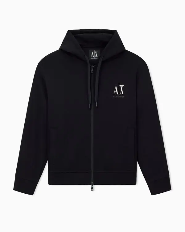 Armani Exchange Full-zip Hoodie In Bonded Stretch Cotton With Logo Icon - Black