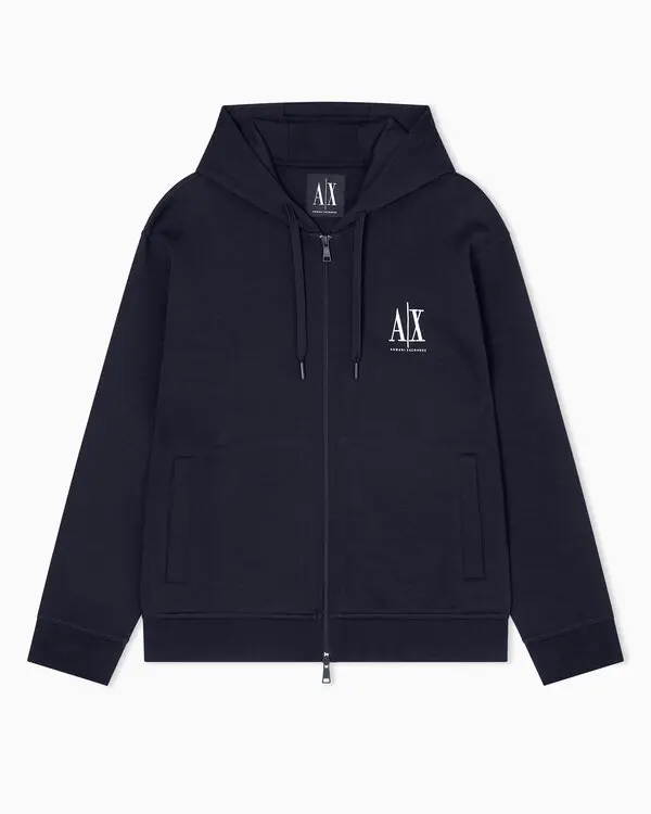 Armani Exchange Full-zip Hoodie In Bonded Stretch Cotton With Logo Icon - Navy Blue