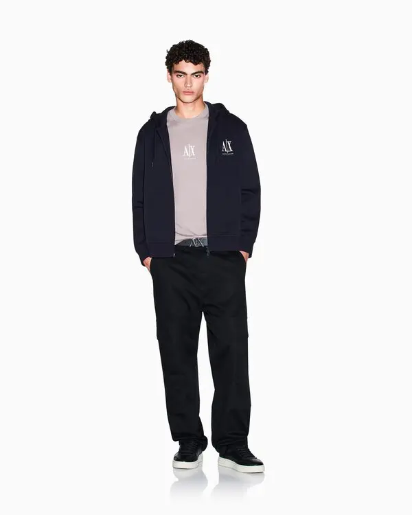 Armani Exchange Full-zip Hoodie In Bonded Stretch Cotton With Logo Icon - Navy Blue