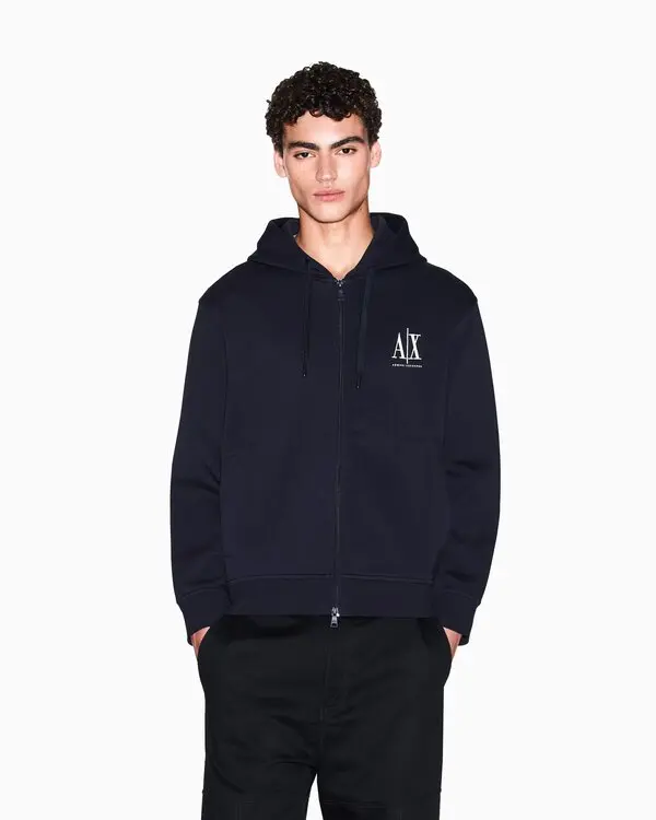 Armani Exchange Full-zip Hoodie In Bonded Stretch Cotton With Logo Icon - Navy Blue