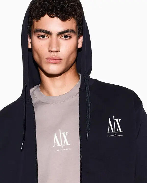 Armani Exchange Full-zip Hoodie In Bonded Stretch Cotton With Logo Icon - Navy Blue