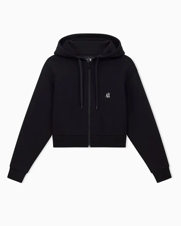 Armani Exchange Full-zip Hoodie Icon In Stretch Cotton With Embroidered Logo - Black