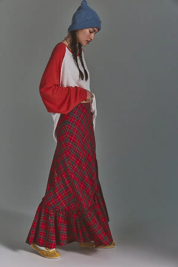 Free People Emberwood Plaid Flannel Maxi Skirt - Red Combo