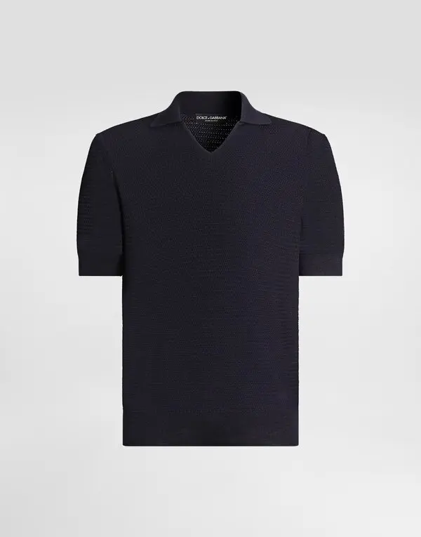 Dolce & Gabbana Silk Polo Shirt With Micro-stitch Detailing Sweaters And Cardigans - Blue