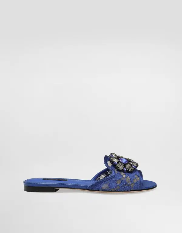 Dolce & Gabbana Bianca Lace Slippers With Crystal Embellishment - Blue