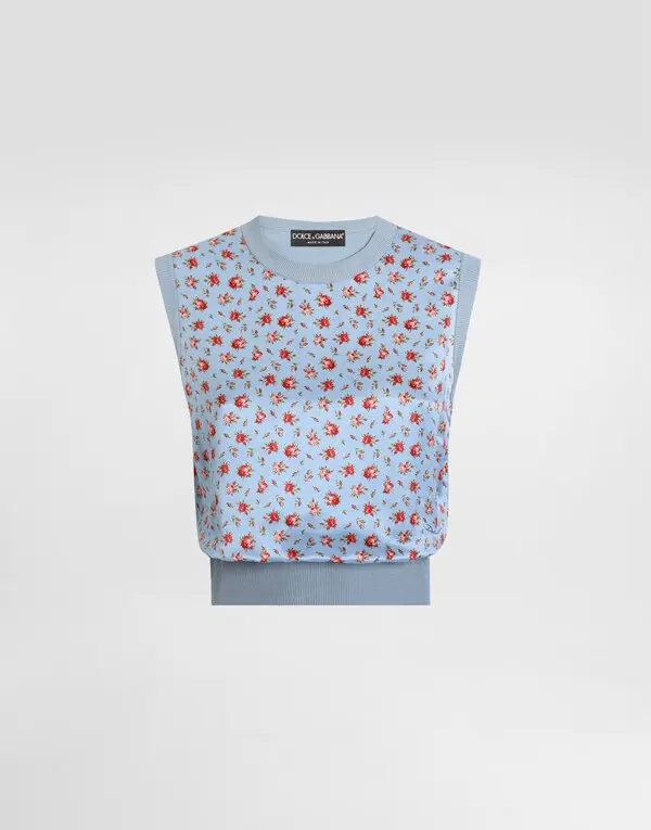 Dolce & Gabbana Small Rose-print Silk Tank Top Sweaters And Cardigans - Multicolor