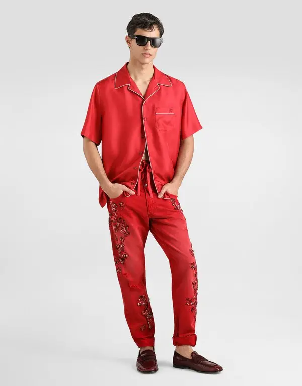 Dolce & Gabbana Silk Twill Jogging Pants With Dg Embroidered Patch - Red