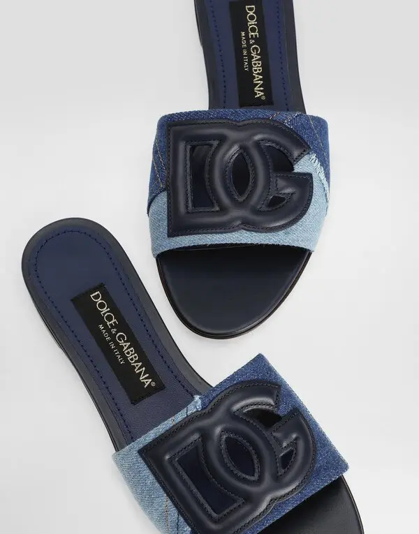 Dolce & Gabbana Patchwork Denim Sliders With Dg Logo Slides And Mules Denim - Blue