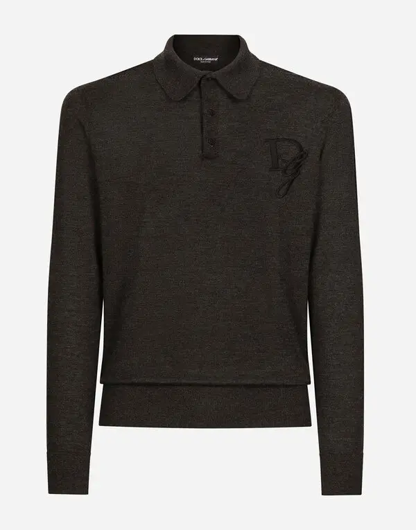 Dolce & Gabbana Long-sleeved Cashmere Polo-shirt With Embroidered Logo Sweaters And Cardigans Gray - Grey