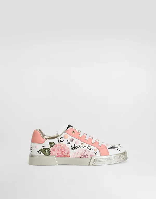 Dolce & Gabbana Portofino Light Calfskin Sneakers With Embroidery Shoes White - Multicolor