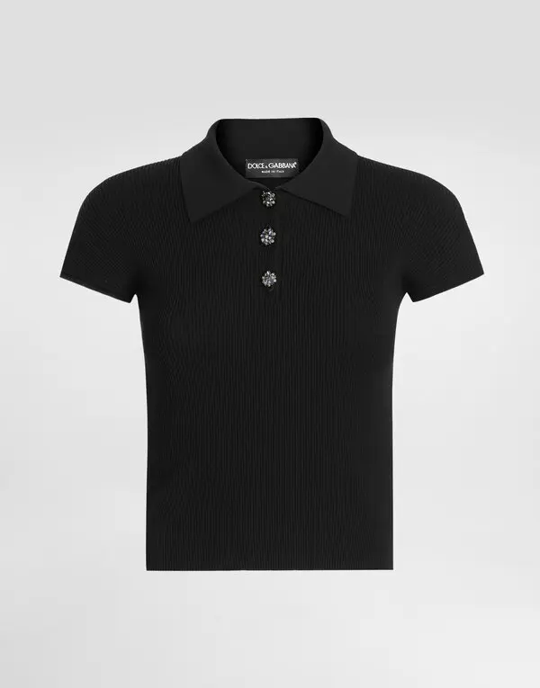Dolce & Gabbana Ribbed Polo Sweater With Embellished Buttons - Black