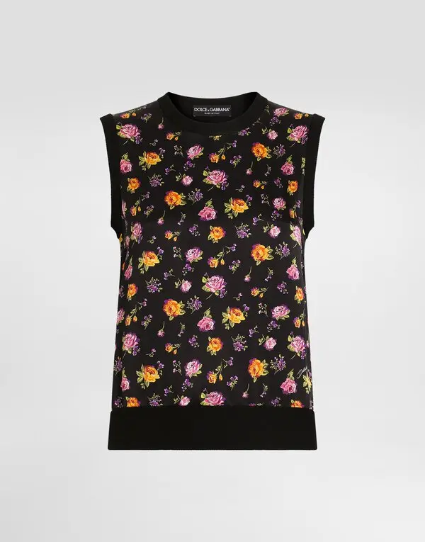 Dolce & Gabbana Small Rose Bouquets-print Silk Tank Top Sweaters And Cardigans - Multicolor