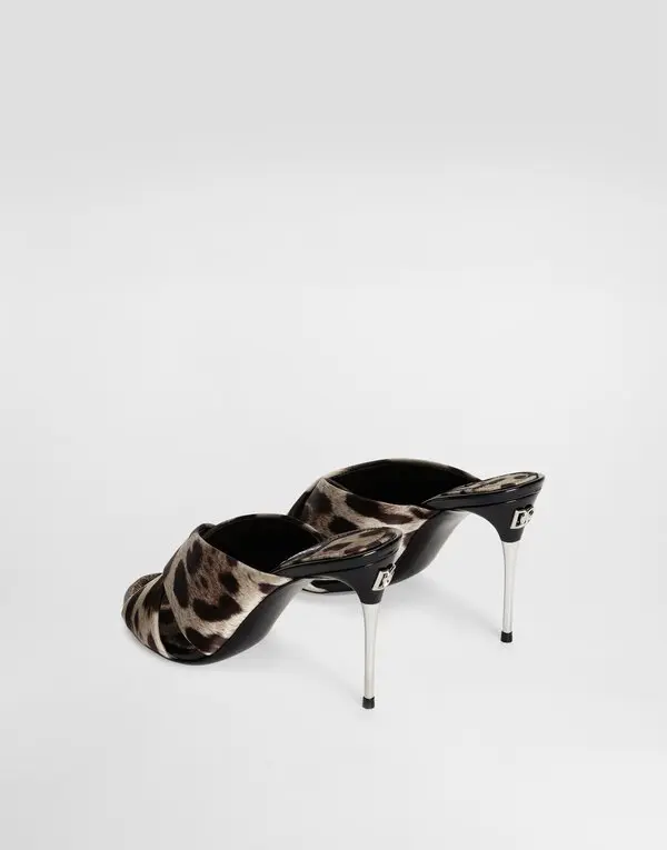 Dolce & Gabbana Leopard Satin Mules With Dg Logo Heel