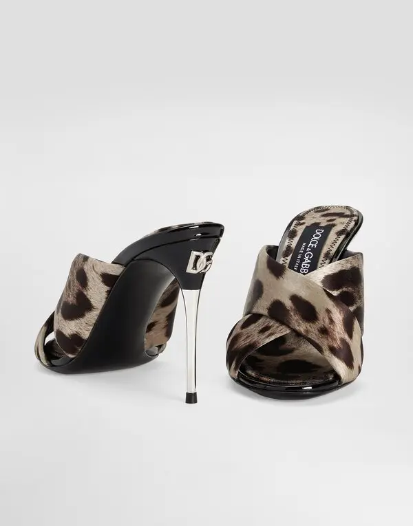 Dolce & Gabbana Leopard Satin Mules With Dg Logo Heel
