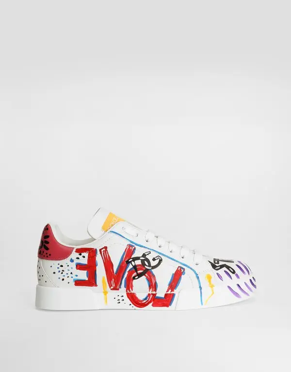 Dolce & Gabbana Calfskin Portofino Sneakers With Lettering Sneakers White Leather - Multicolor
