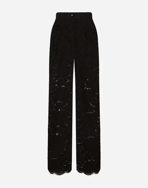 Dolce & Gabbana Flared Floral Cordonetto Lace Pants With Dg Logo Pants And Shorts - Black