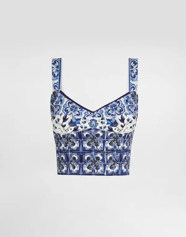 Dolce & Gabbana Majolica-print Charmeuse Corset Shirts And Tops Blue Silk - Multicolor