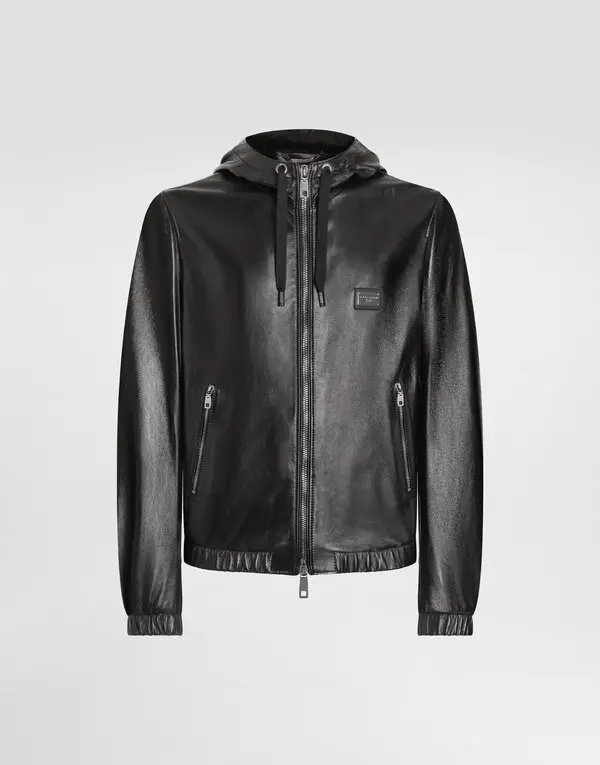 Dolce & Gabbana Leather Hooded Jacket With Logo Tag