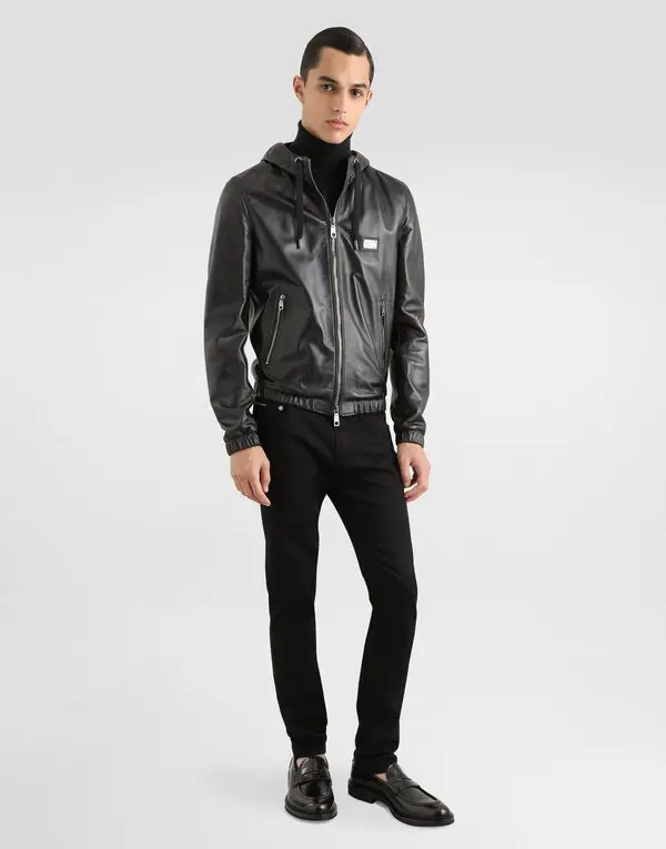 Dolce & Gabbana Leather Hooded Jacket With Logo Tag