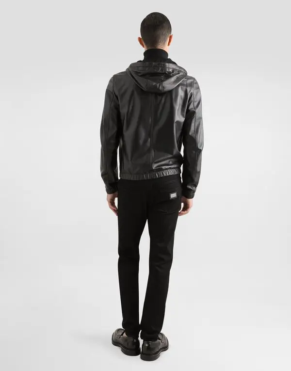 Dolce & Gabbana Leather Hooded Jacket With Logo Tag