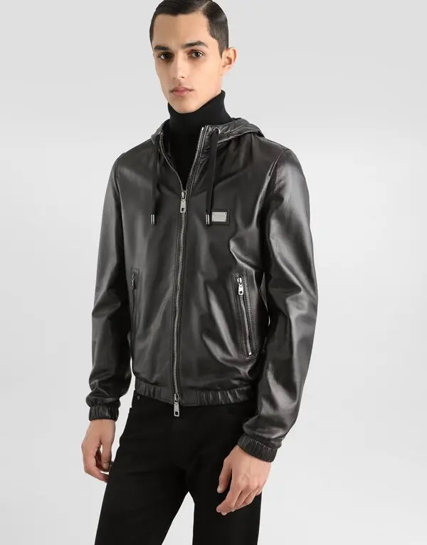Dolce & Gabbana Leather Hooded Jacket With Logo Tag
