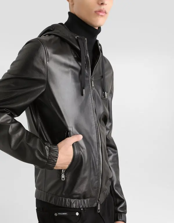 Dolce & Gabbana Leather Hooded Jacket With Logo Tag