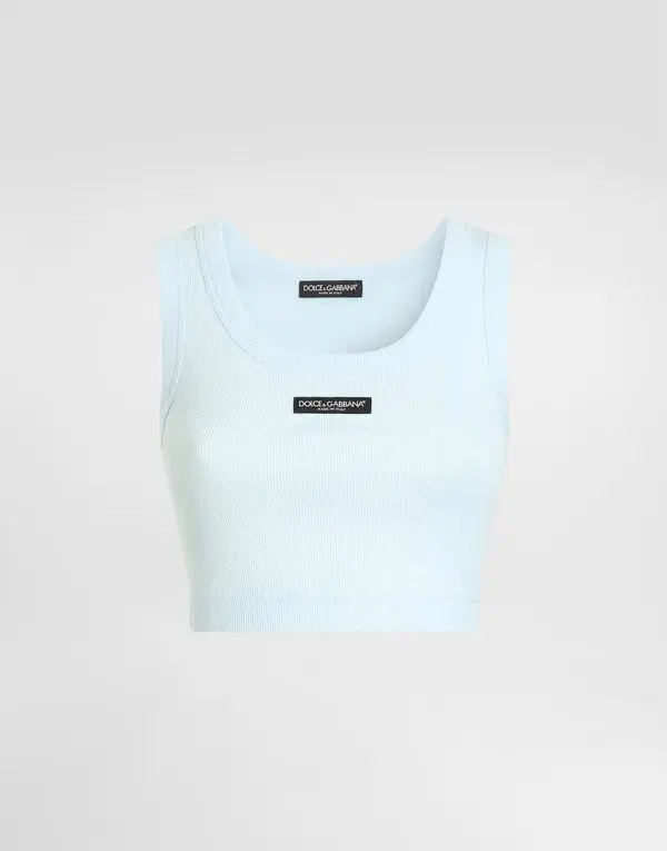 Dolce & Gabbana Cotton Cropped Tank Top With Logo Shirts And Tops - Azure