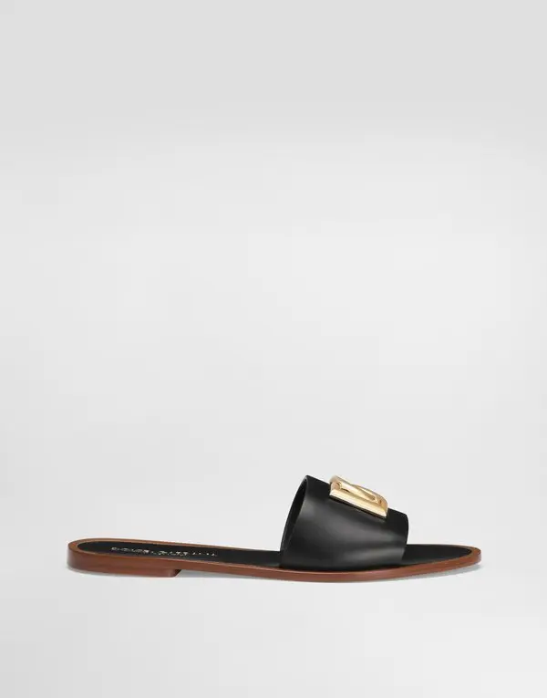 Dolce & Gabbana Flat Calfskin Slides With Dg Logo Detail - Black